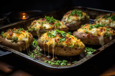 A Pan Filled With Stuffed Potatoes Covered In Cheese Twice Baked