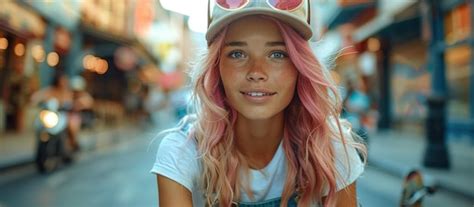 Young Girl Smiling In A City Premium Ai Generated Image