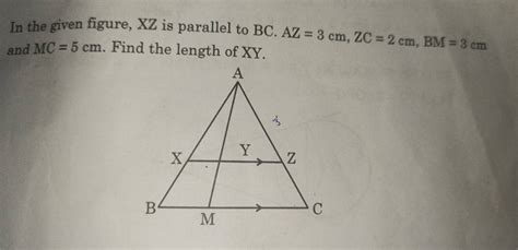 In The Given Figure XZ Is Parallel To BC AZ 3 Cm ZC 2 Cm BM 3 Cm And MC