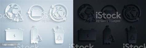 플라스틱 병 재활용 지구 및 재활용 자동차 배터리 재활용 기호가 있는 휴지통 배터리 및 아이콘을 설정합니다 벡터 3차원 형태에 대한 스톡 벡터 아트 및 기타 이미지 Istock