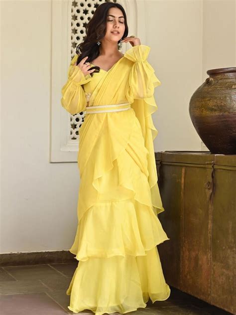 1 Min Saree Hot Pink Yellow Haldi Ruffle Sareewedding Etsy
