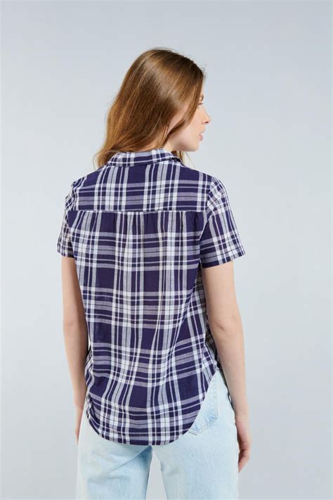 Blusa Manga Corta Unicolor A Cuadros Con Cuello Camisero