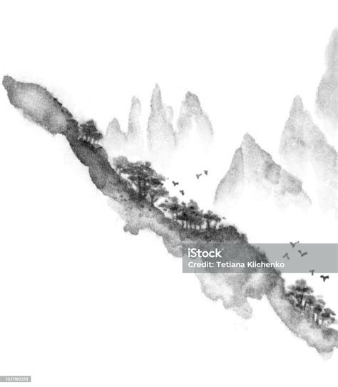 안개 에 산 풍경입니다 언덕 잉크로 물의 산의 풍경입니다 중국 수묵화 동양 일본 중국 스타일 래스터 스톡 조성 나무에 대한 스톡 벡터 아트 및 기타 이미지 Istock