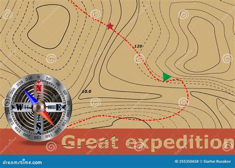 Travel Great Expedition And Azimuth Compass And Map The Background Of The Route On The Contour