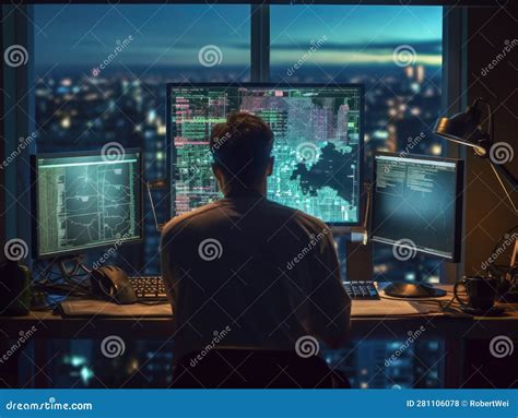 Rear View Of A Young Programmer Sitting At The Desk In Front Of The Computer Monitors Stock