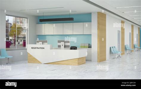 Modern Hospital Or Clinic Reception Waiting Area Interior Design With Reception Desk Over The