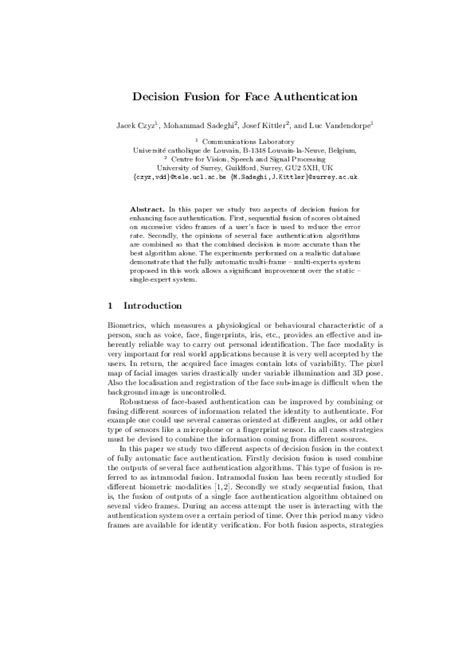 Pdf Decision Fusion For Face Authentication