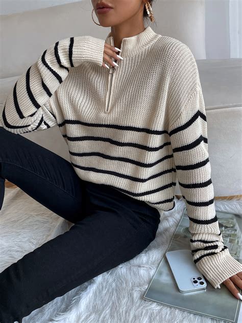 Shein Frenchy Striped Drop Shoulder Zipper Front Jumper Shein Uk