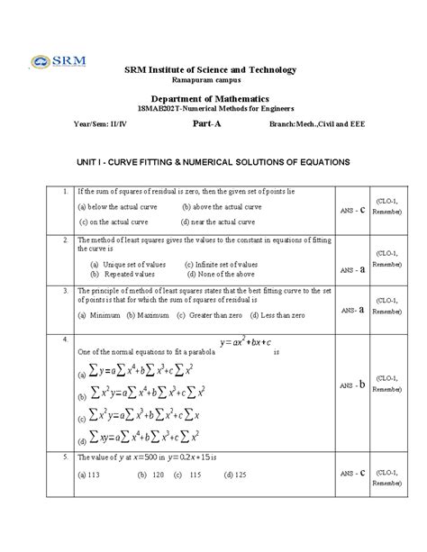 Mcq 21mab206t Numerical Methods For Engineers ` Srm Institute Of