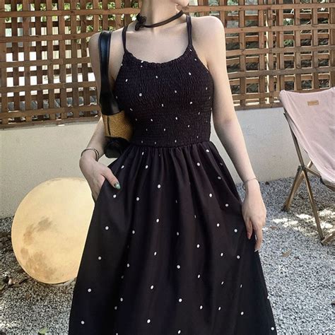 블랙도트 백트임 백리스 여름 홀터 뷔스티에 플레어 나시 롱원피스 봄 벚꽃 데이트 여신 바캉스 휴가원피스 비치드레스 민소매 여성휴양지원피스