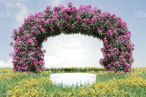 Abstact 3d 렌더링 봄 장면 및 자연 연단 배경 노란색 꽃과 잔디밭의 돌 연단 배경 잎 아치 문 제품 디스플레이 광고 화장품 등을 위한 하늘과 구름 3차원 형태에
