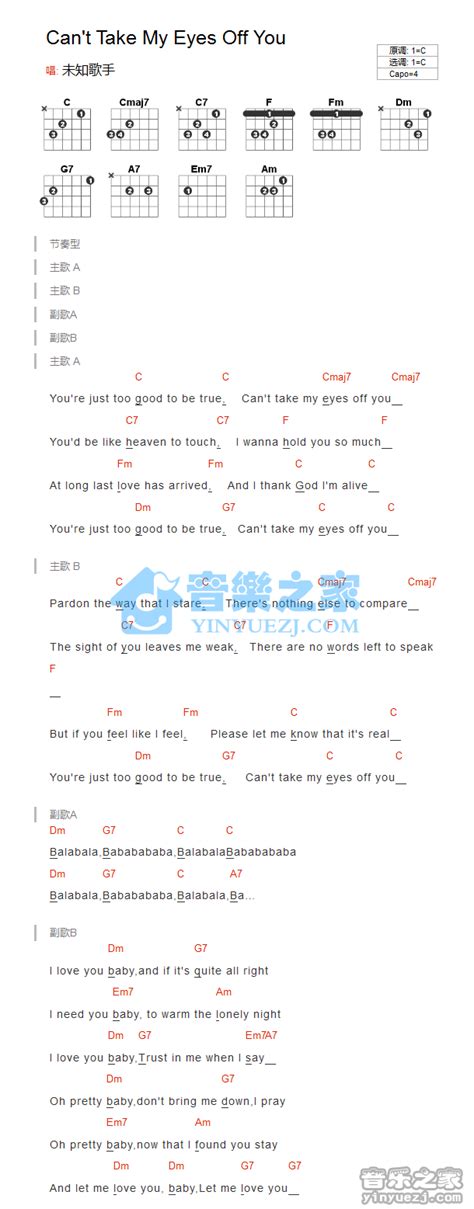 那英张碧晨陈冰刘明湘李嘉格《cant Take My Eyes Off You》吉他谱吉他弹唱谱yyzj编配 酷玩吉他