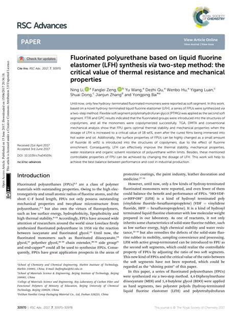 Pdf Fluorinated Polyurethane Based On Liquid Fluorine Elastomer Lfh Synthesis Via Two Step
