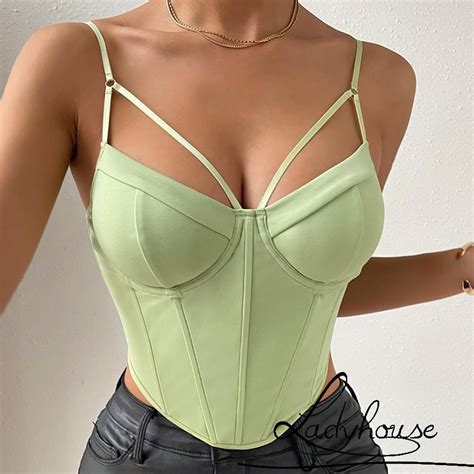 Ldd Women´s Corset Crop Tops Sleeveless Spaghetti Strap Solid Color