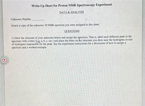 Solved Write Up Sheet For Proton NMR Spectroscopy Experiment Chegg Com