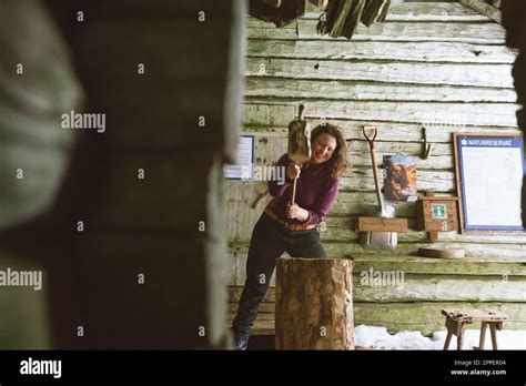 Woman Chopping Wood In Shed Stock Photo Alamy