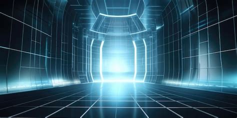 추상적인 파란색 조명 효과 배경이 있는 미래형 현대 디지털 스튜디오의 3d 렌더링 Generative Ai Aig21 프리미엄 사진