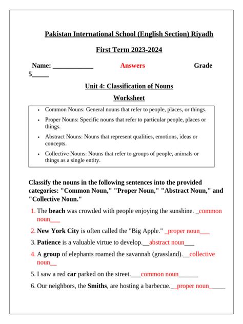 Answers Classify Nouns Worksheet Pdf