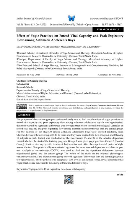 Pdf Effect Of Yogic Practices On Forced Vital Capacity And Peak Expiratory Flow Among