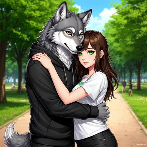 «Аниме Фурия серый Волк с карими глазами обнимает Девушку с зелеными глазами одета Белые