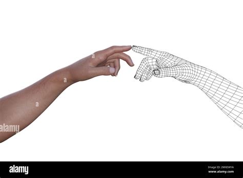 Mans Hand And Hand Wireframe Touching With Index Fingers On A White