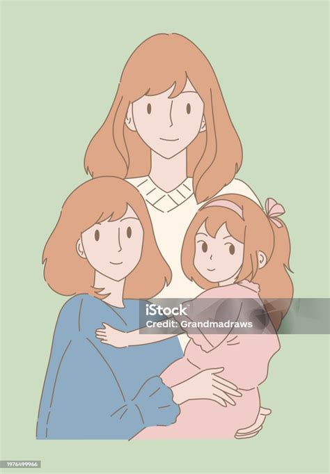행복 한 자매 초상화입니다 다른 연령대의 형제 자매 그룹 손으로 그린 평면 만화 캐릭터 벡터 일러스트 4월에 대한 스톡 벡터
