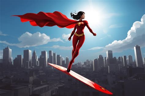 Flying Girl Superhero Sup Hero Woman Silhouette Over City Roofs Red