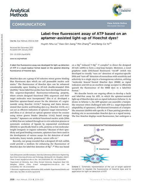 Pdf Label Free Fluorescent Assay Of Atp Based On An Aptamer Assisted Light Up Of Hoechst Dyes