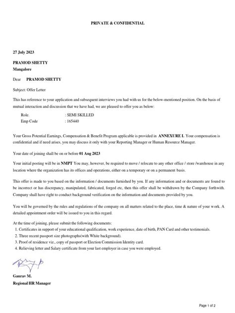 Nmpt Offer Letter Pdf Employment