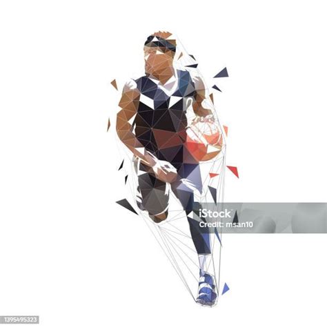 공을 가지고 달리는 농구 선수 드리블 격리 벡터 낮은 다각형 그림 정면도 농구 포인트 가드 기하학적 스타일 농구 팀 스포츠에 대한 스톡 벡터 아트 및 기타 이미지 Istock