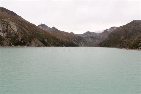 Reservoir Mattmark Dam Lake And Mountain Panorama View Near Saas Fee Pennine Alps Switzerland