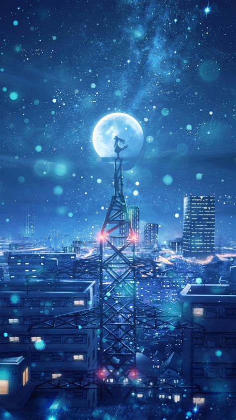 2160x3840 Blue Night Big Moon Anime Scenery 4k Sony Xperia Xxzz5 Premium Hd 4k Wallpapers