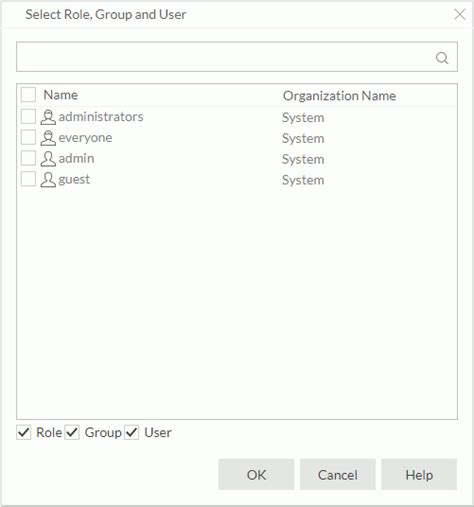 Select Role Group And User Dialog Box Properties