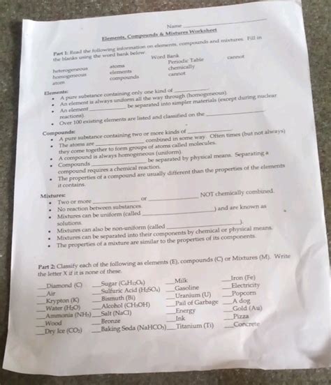 Name Elements Compounds Mixtures Worksheet StudyX