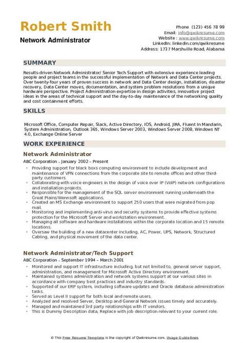 Network Administrator Resume Samples QwikResume