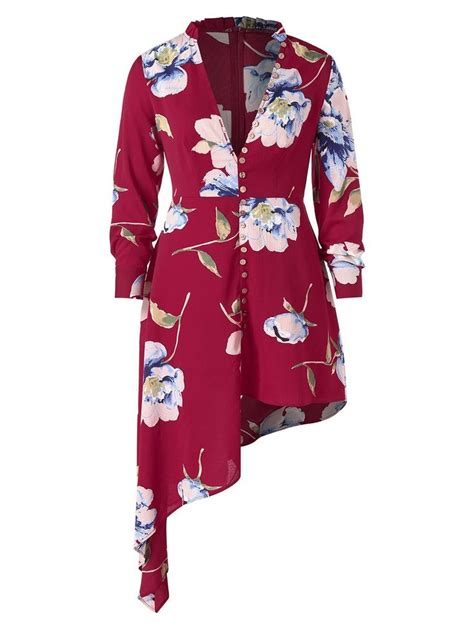 Plus Size Floral Print Plunging Neck Asymmetrical Dress