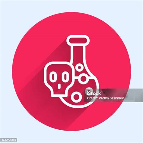 긴 그림자 배경으로 격리 된 독성 액체 아이콘흰색 라인 실험실 화학 비커 생물학적 위험 기호 방사선 아이콘이 있는 위험한 기호입니다 빨간색 원 버튼입니다 벡터 건강 검진에