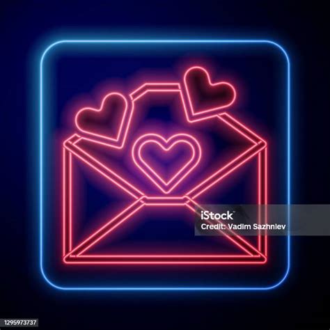 파란색 배경에 고립 된 발렌타인 하트 아이콘빛나는 네온 봉투 메시지 사랑 편지 사랑과 로맨스 벡터 2월에 대한 스톡 벡터 아트 및 기타 이미지 Istock