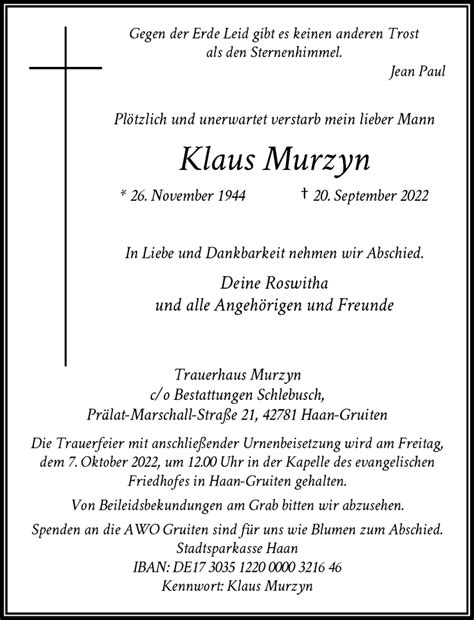 Alle Traueranzeigen Für Klaus Murzyn Trauer Rp Online De
