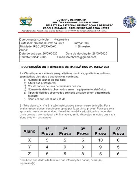 Recuperação De Matemática Do 3o Bimestre Para A Turma 303 Da Escola