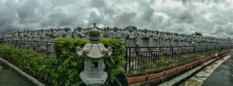 A Row Of Statues Sitting Next To Each Other On Top Of A Lush Green Field