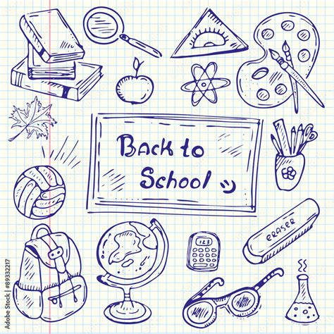 Freehand Drawing School Items On A Sheet Of Exercise Book Back To