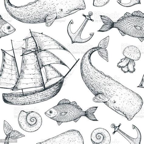 해상 이음새가 없는 패턴 범선 물고기 정자 고래 앵커 조개 젤리 물고기 스케치 그림 손으로 그린 그림 바다 세트 빈티지 배경 수병에 대한 스톡 벡터 아트 및 기타 이미지