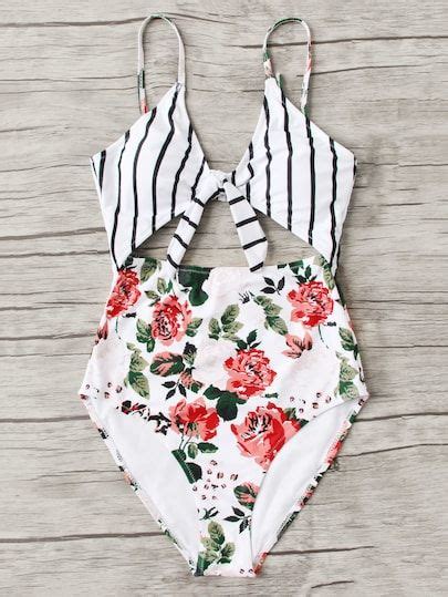 Floral And Striped Tie Front One Piece Swimsuit Shein Sheinside