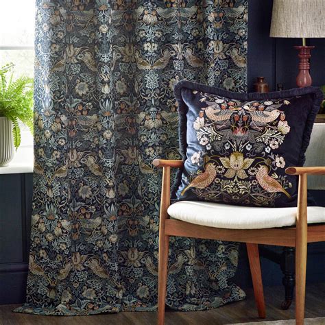 Strawberry Thief Blue Jacquard Floral Pencil Pleat Curtains Indigo