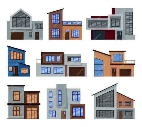 Colección De Casas Modernas De Vidrio Hormigón Y Madera Vector Premium