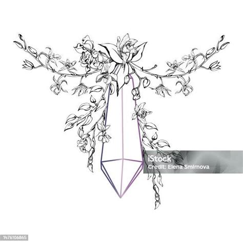손으로 그린 벡터 잉크 난초 꽃과 가지 단색 자세한 개요 결정 형태의 조성물 흰색 배경에 격리 벽 예술 결혼식 인쇄 문신 표지 카드를위한 디자인 0명에 대한 스톡 벡터 아트