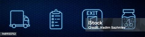 세트 라인 화재 출구 배달화물 트럭 쇼핑 목록 및 잼 항아리 벽돌 벽에 빛나는 네온 아이콘입니다 벡터 구매에 대한 스톡 벡터 아트 및 기타 이미지 Istock