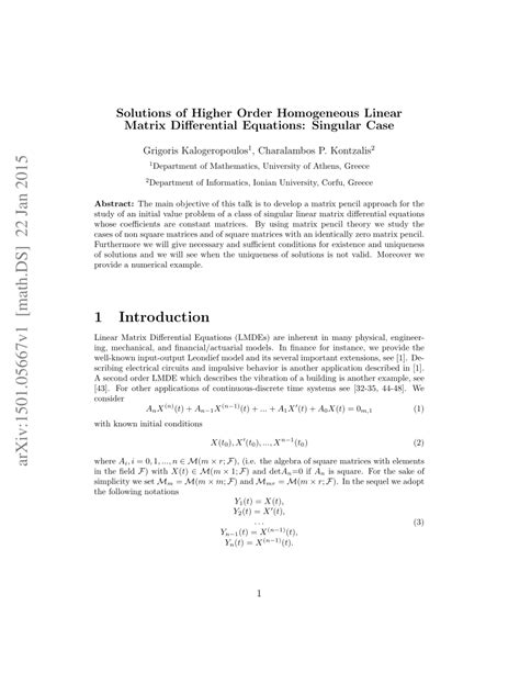Pdf Solutions Of Higher Order Homogeneous Linear Matrix Differential