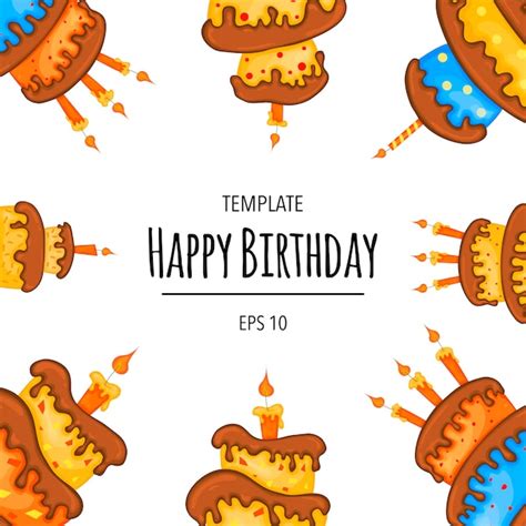 케이크와 함께 텍스트 생일 템플릿입니다 만화 스타일 프리미엄 벡터